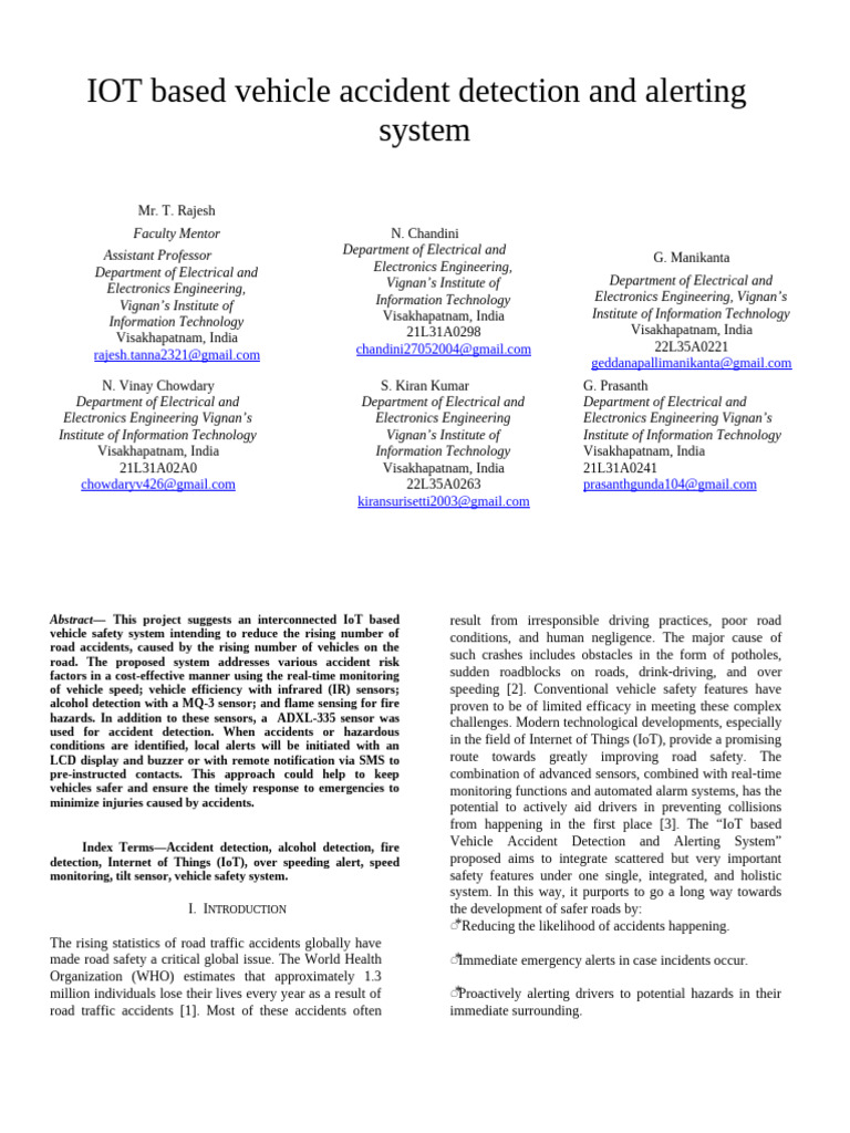 Iot Based Vehicle Accident Detection And Alerting System 1 Pdf Traffic Collision Internet