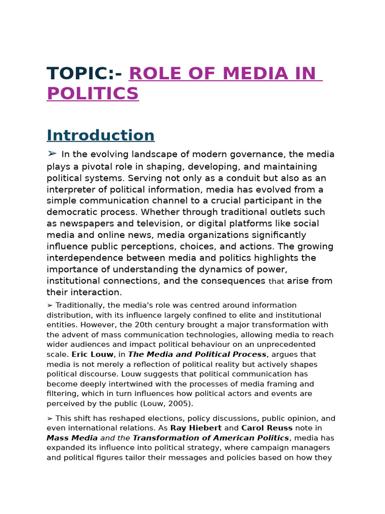 Role of Media in Politics | PDF | Mass Media | Public Opinion