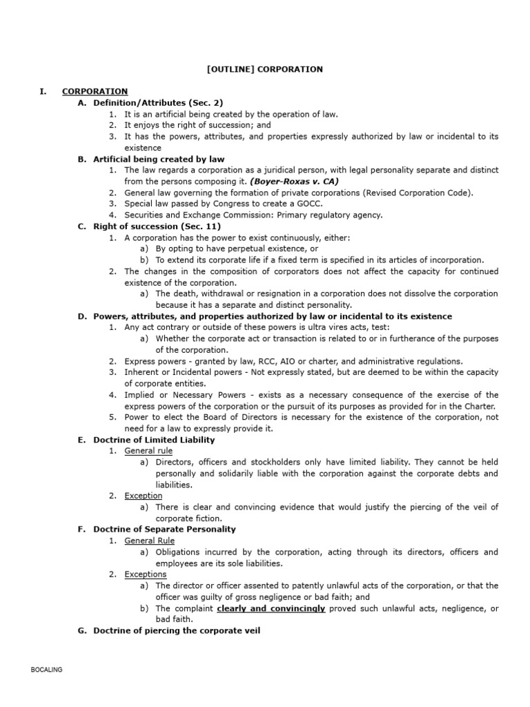 (Outline) Corporation and Basic Securities Law | PDF | Corporations ...