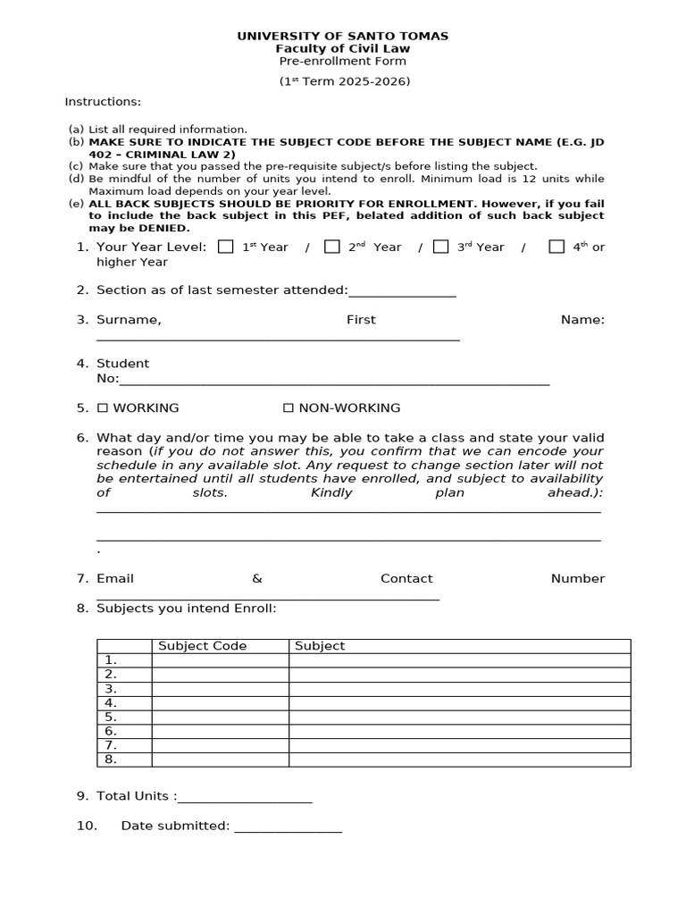 Pre Enrollment Form PEF 1st Term A.Y. 2025 2026 | PDF