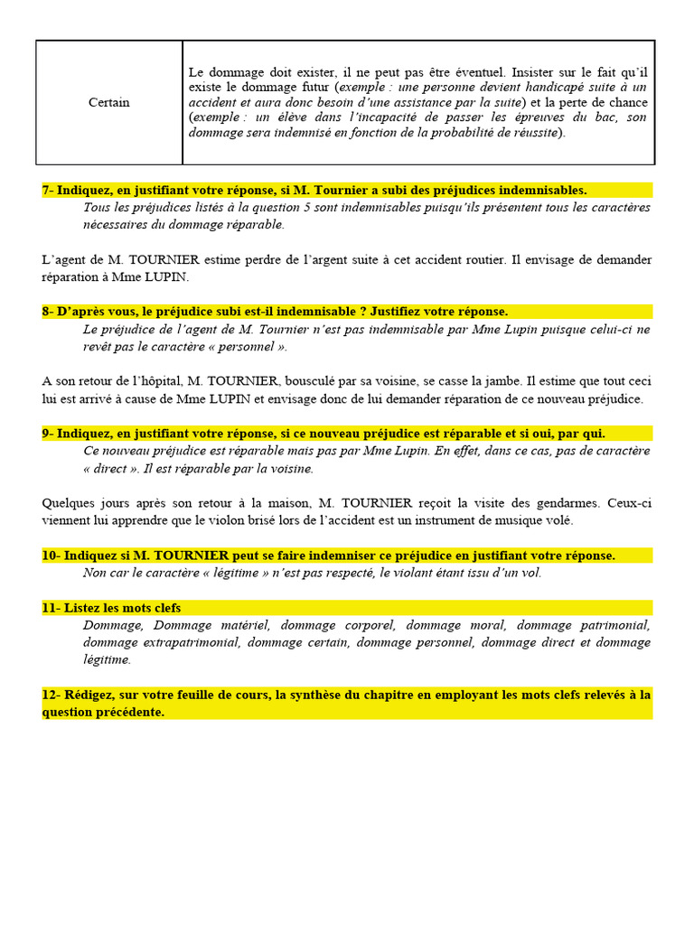 Corrigé TD Dommage Réparable Suite | PDF