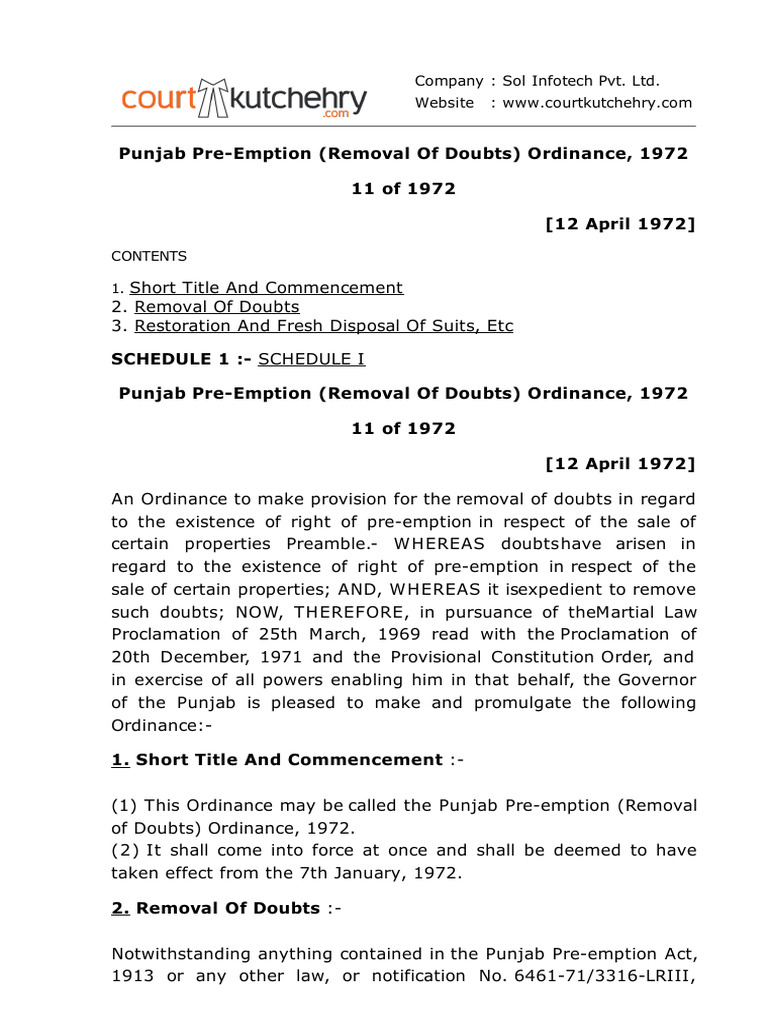 Punjab Pre-Emption (Removal of Doubts) Ordinance, 1972 | PDF | Justice ...