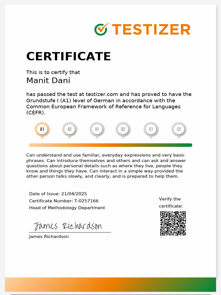 Testizer A1 German Certificate | PDF
