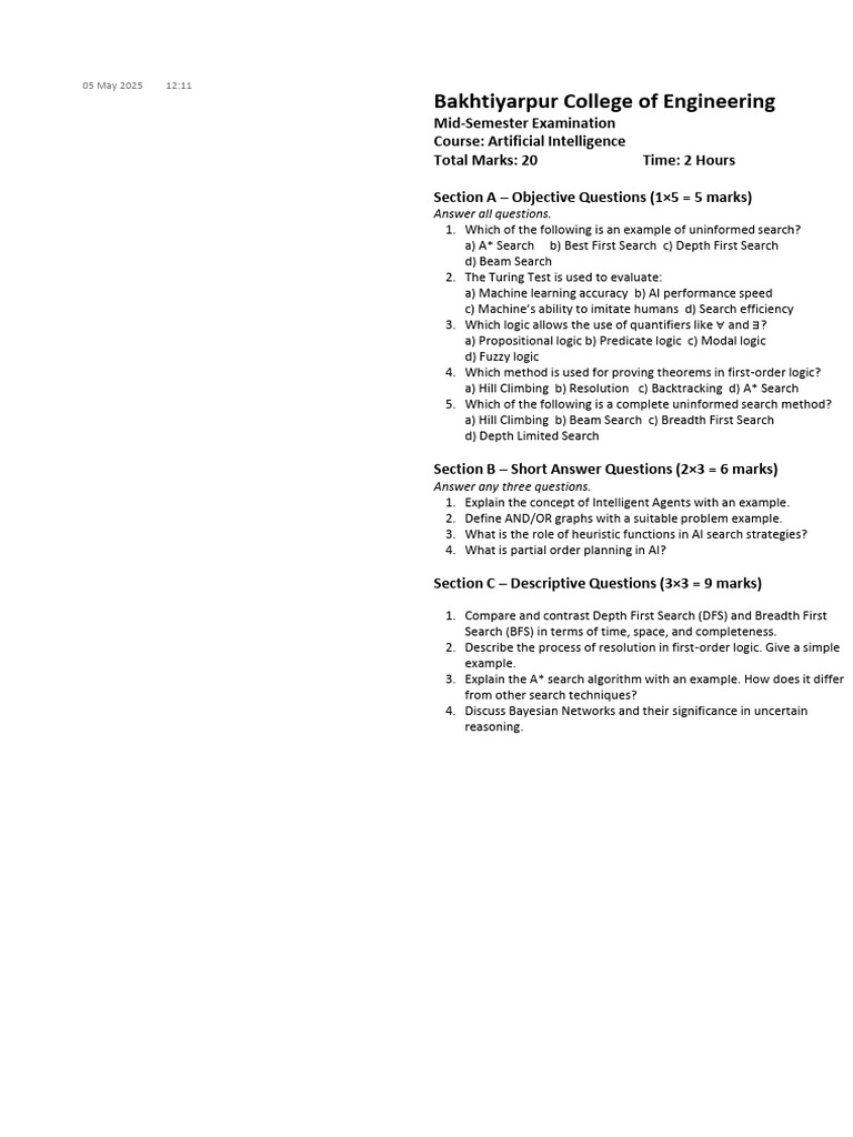 5th Sem Mid Term Exam Iot | PDF | Artificial Intelligence | Intelligence (AI) & Semantics