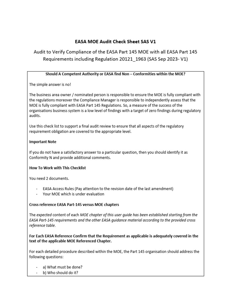 EASA Part 145 MOE Audit Checklist | PDF | Audit | Regulatory Compliance