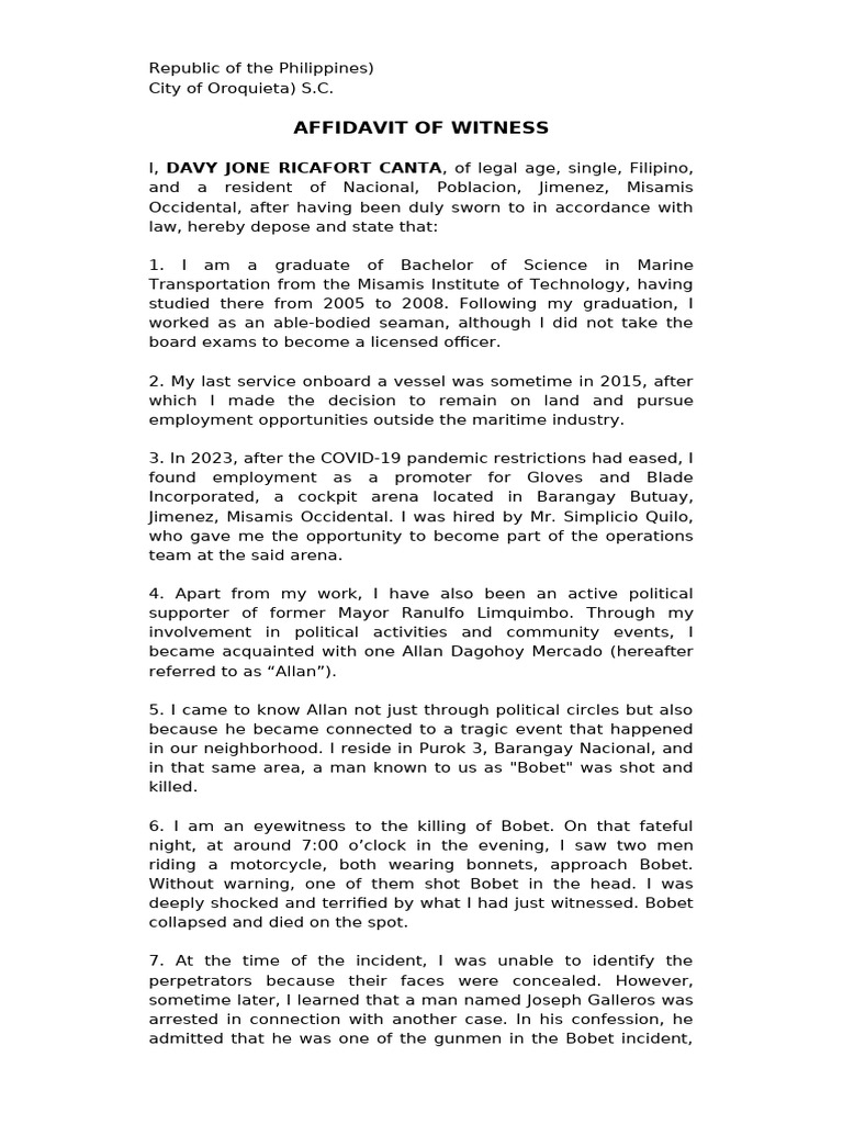 Affidavit of Witness Davy Jone Canta | PDF | Affidavit