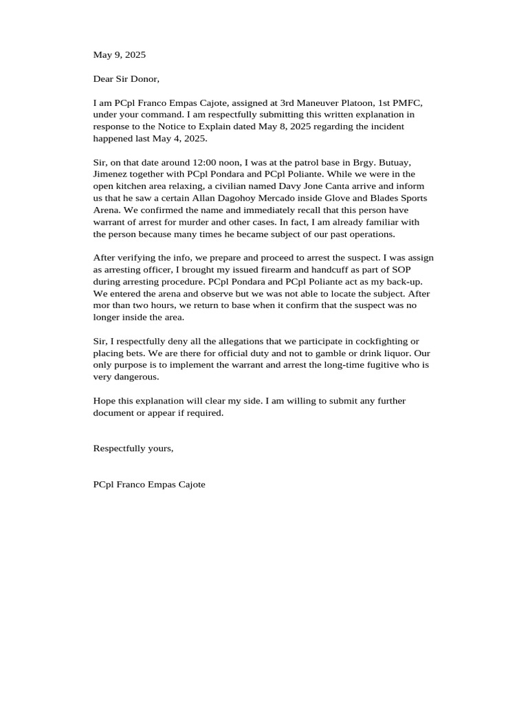 Letters of Explanation Jimenez Cockpit Arena | PDF | Law Enforcement ...