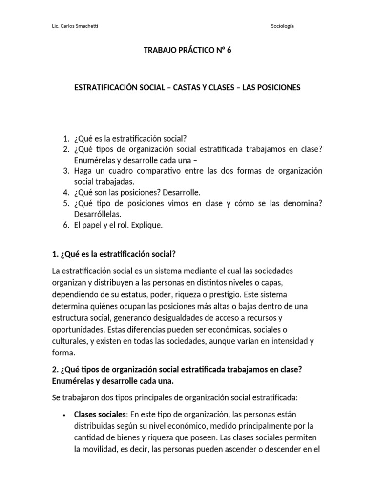 TRABAJO PRÁCTICO #6 - Boque 4 | PDF | Estatus social | Estratificación ...