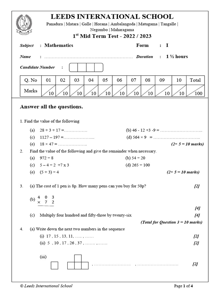 R 1st MTT AY22.23 F1 Mathematics QP | PDF | Number Theory | Numbers