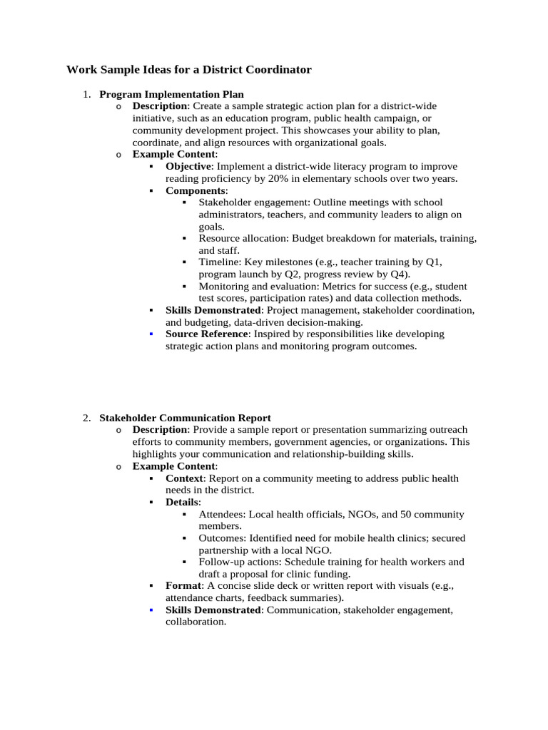 Work Sample Ideas For A District Coordinator | PDF | Non Governmental ...