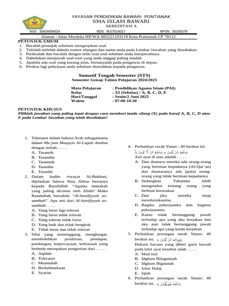 Soal Sas Pai Kelas 11 Semester Genap Fix | PDF