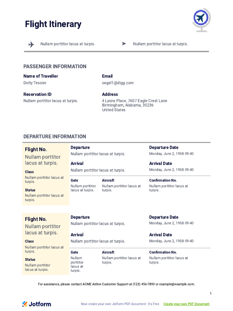 Flight Itinerary Template - Jotform PDF Editor | PDF | Airliner | Transport Safety