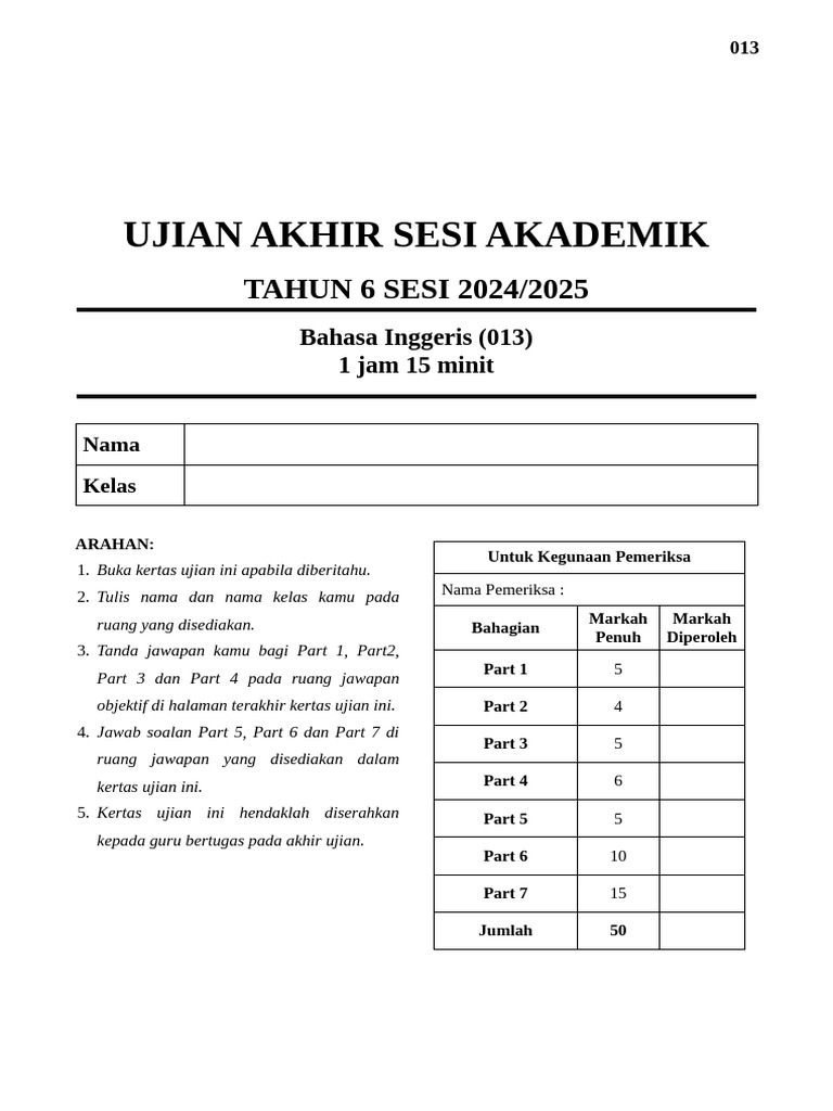 UASA Paper YEAR 6 BI 2024 | PDF