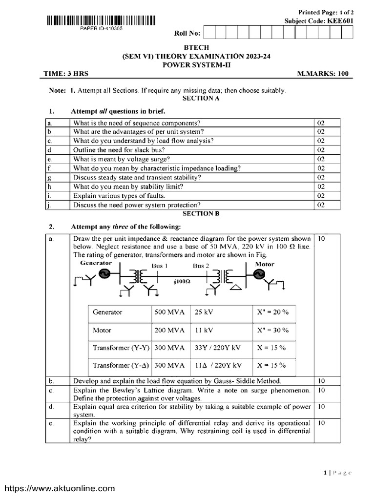 Btech Ee 6 Sem Power System 2 Kee601 Jun 2024 | PDF