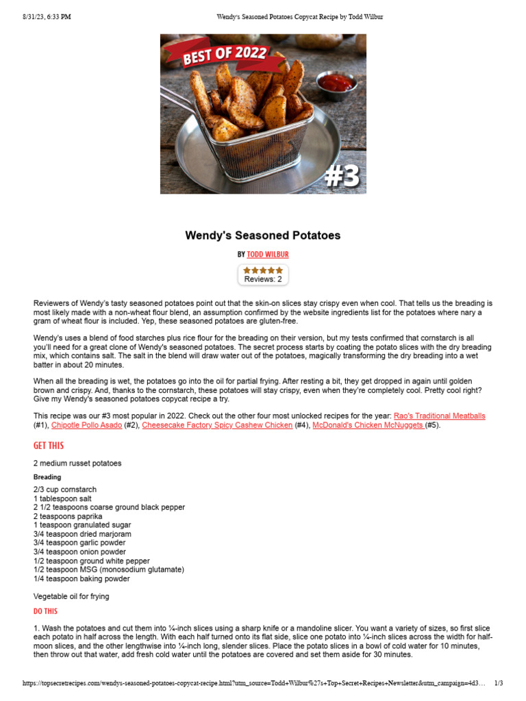 Wendy's Seasoned Potatoes Copycat Recipe | PDF | Corn Starch | Flour