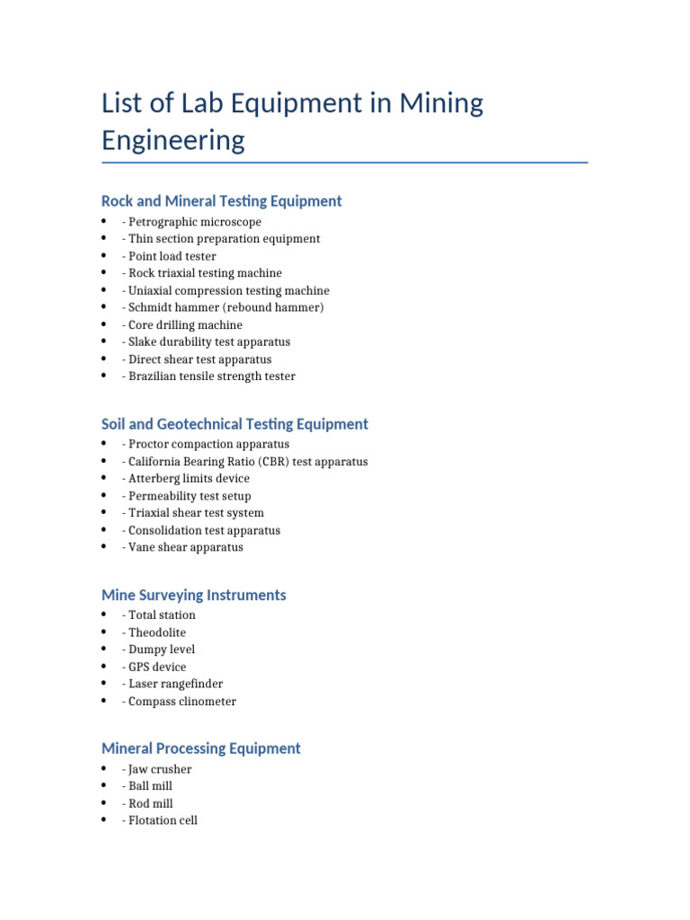 Mining Engineering Lab Equipment List | PDF