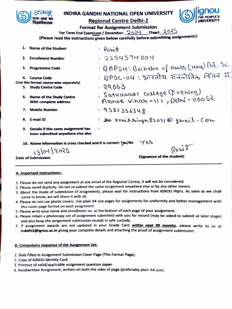 IGNOU Assignment Submission Guidelines | PDF | Applications Of ...