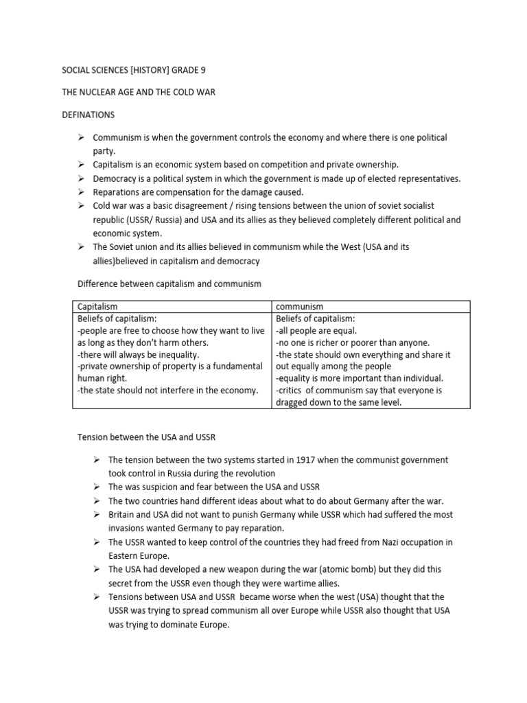 SOC SCI Gr9 NOTES 18may Nuclear AgeCold War | PDF | Nuclear Weapons ...