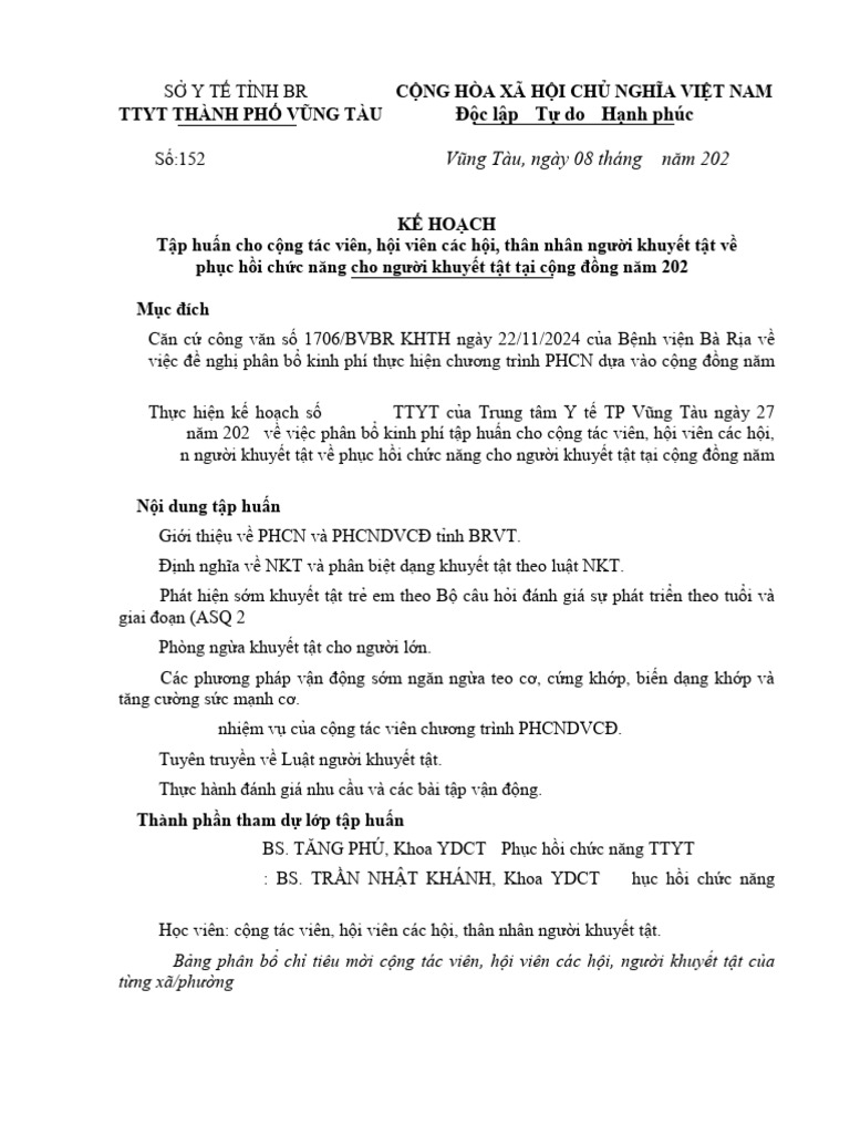 Ke Hoach Tap Huan Cho CTV, Hoi Vien Than Nhan Nguoi Khuyet Ta Ve PHCN ...