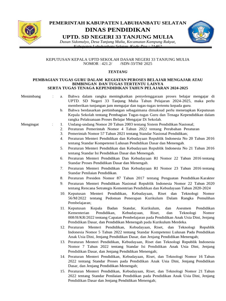 SK Pembagian Tugas 2024-2025 | PDF