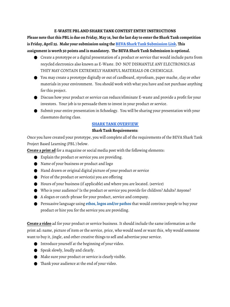 E-Waste PBL and Shark Tank Contest Entry Instructions | PDF ...