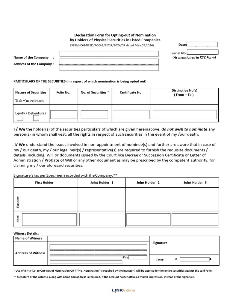 ISR-3 Form for Nomination Opt-Out | PDF | Securities (Finance) | Stock ...