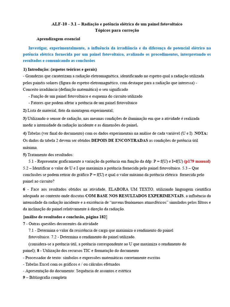 ALF - 3.1 Radiacao Painel Fotovoltaico - CRITERIOS - 24 25 | PDF | Fotovoltaica | Potência (Física)