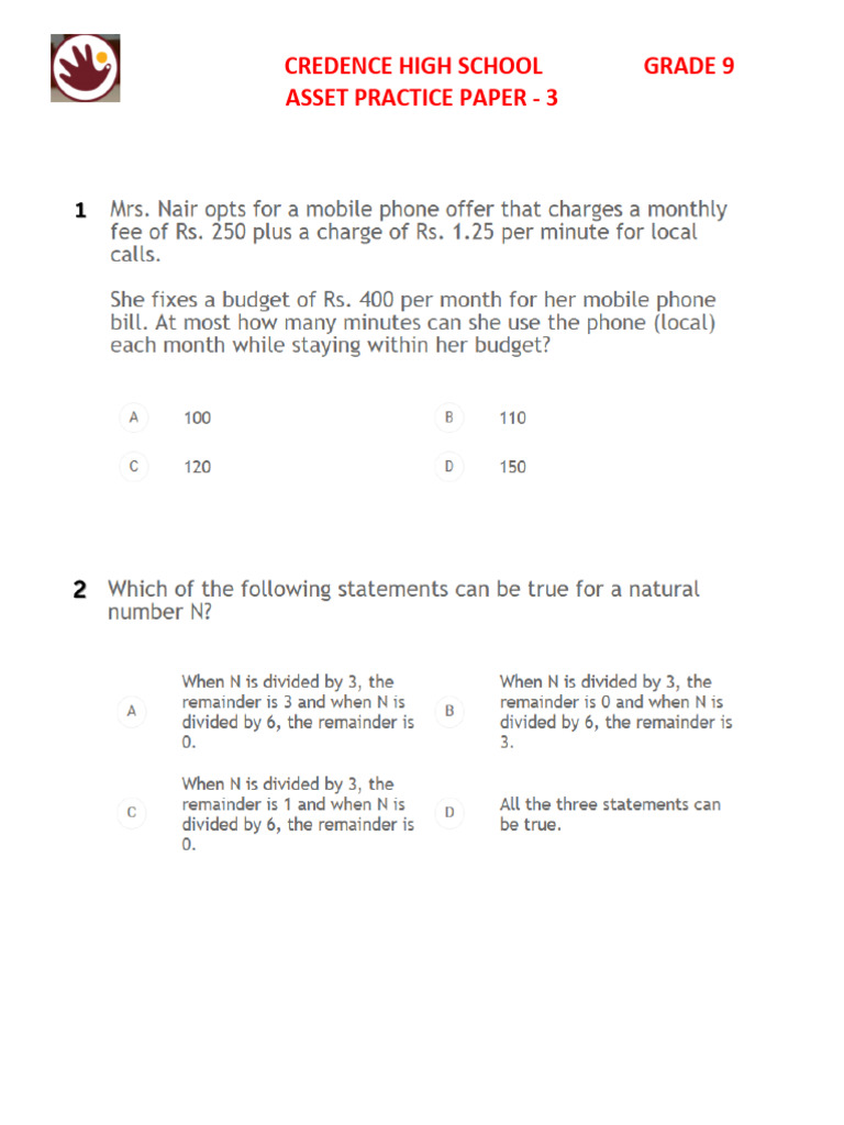 Grade 9 Asset Practice Paper 3 | PDF
