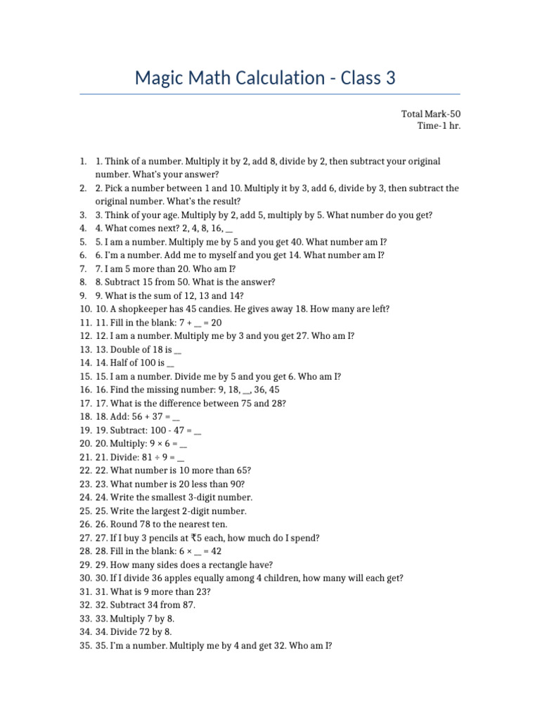Class 3 Magic Math Problems | PDF | Multiplication | Mathematics