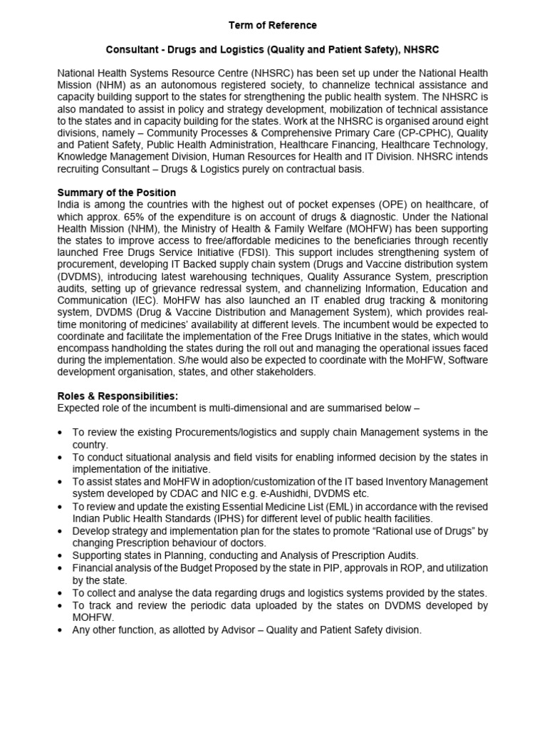 Terms of Reference - Consultant (Drugs and Logistics), Quality and ...
