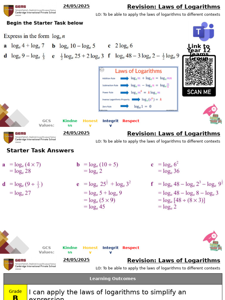 Revision - Laws of Logarithms (GCS) - BSO | PDF | Logarithm | Mathematics