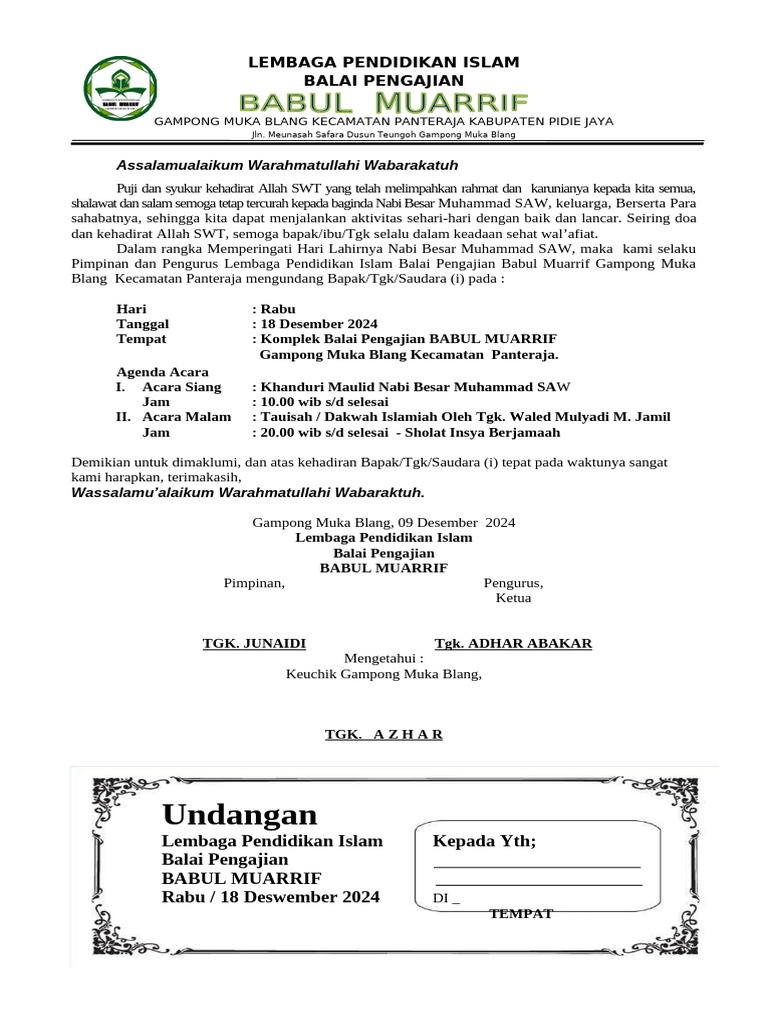 Undangan Maulid BABUL MUARRIF MK BLANG | PDF