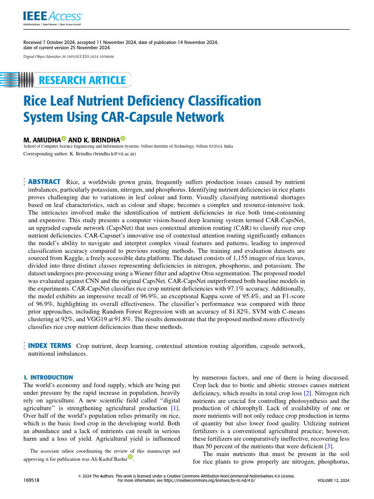Rice Leaf Nutrient Deficiency Classification System Using CAR-Capsule Network | PDF | Plant ...