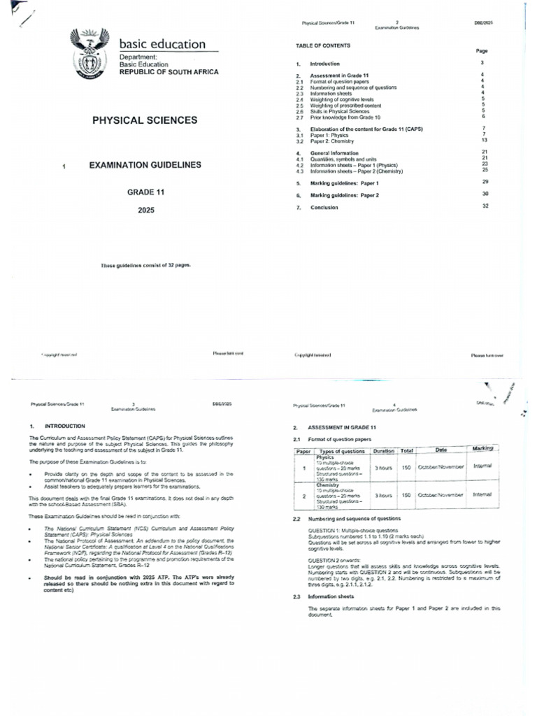 Phsical Sciences Examination Guidelines Grade 11 2025 | PDF