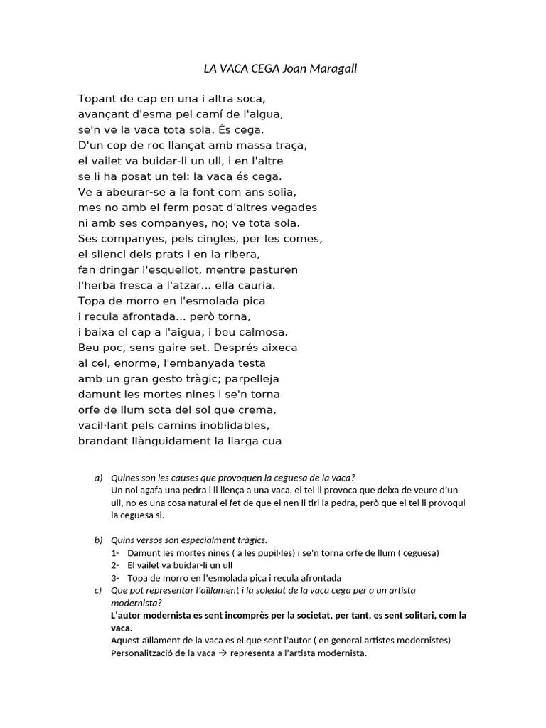 LA VACA CEGA (Joan Maragall) | PDF