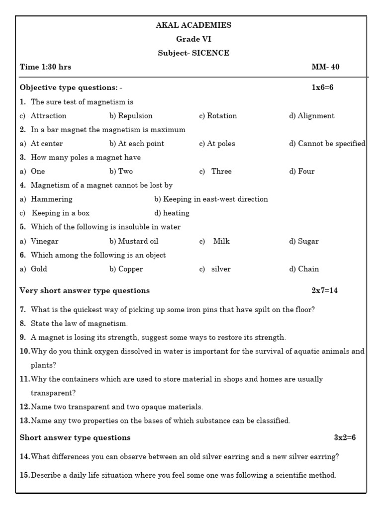 Grade VI Science Model Question Paper | PDF | Magnet | Magnetism