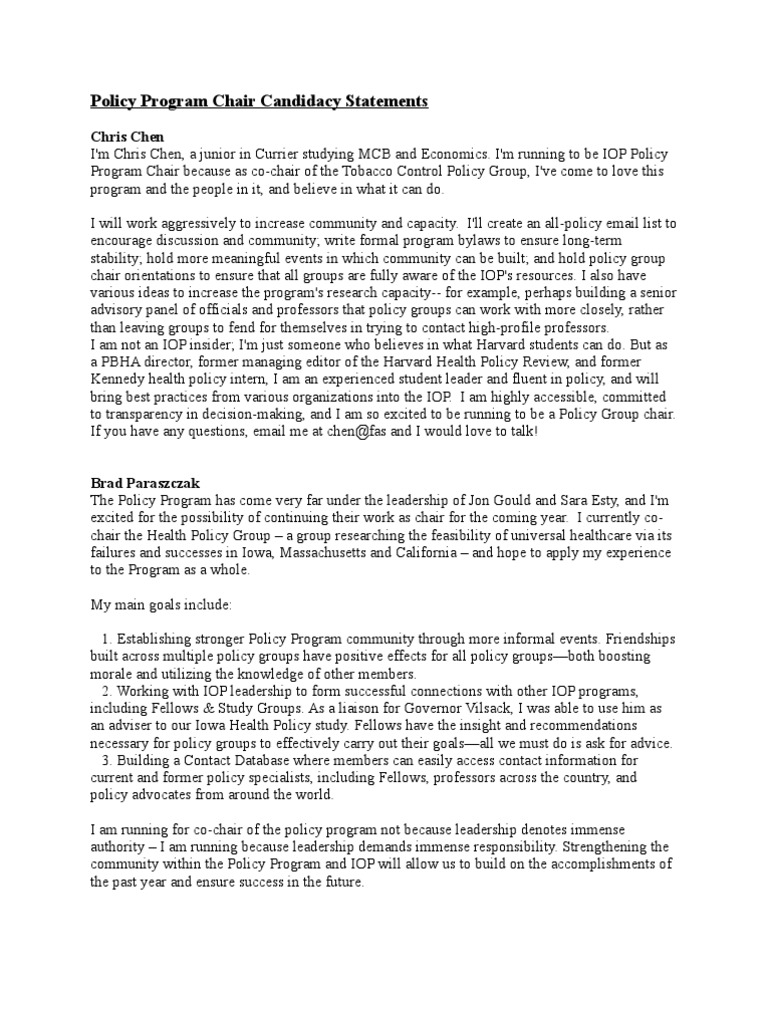 Policy Program Chair Candidacy Statements | PDF | Leadership | Public ...