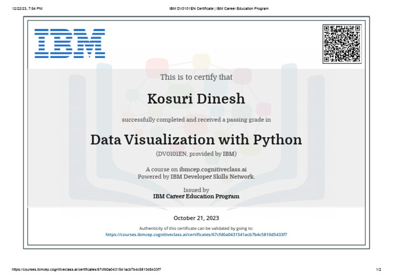 IBM DV0101EN Certificate - IBM Career Education Program | PDF