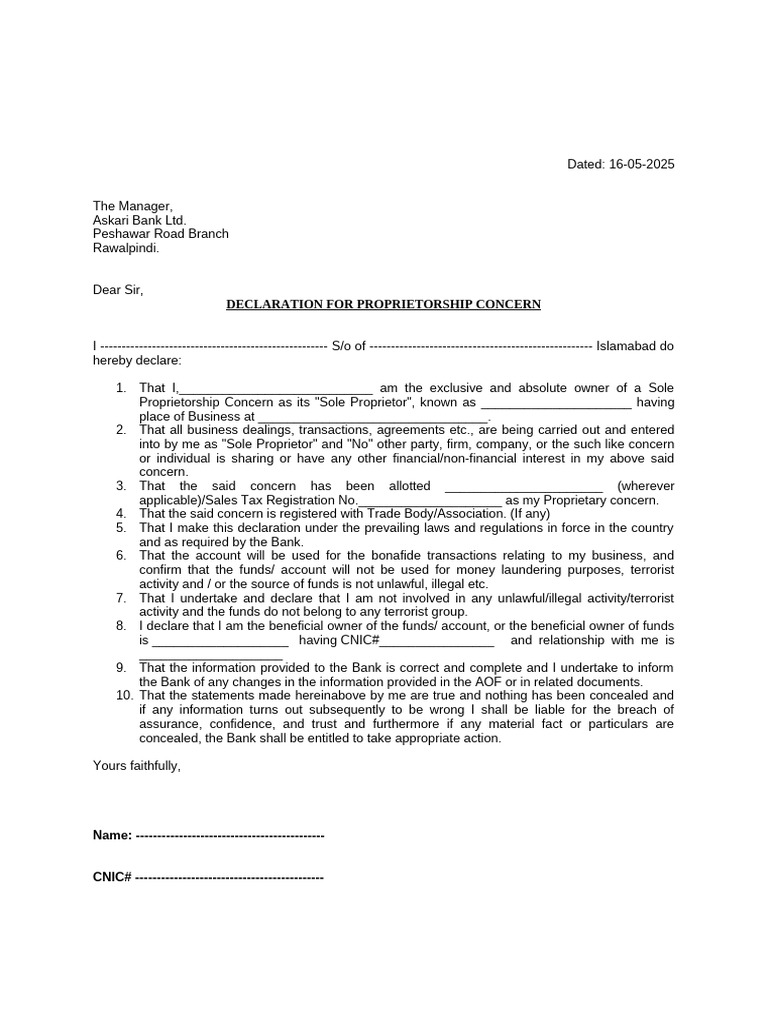 Sole Proprietorship Undertaking | PDF | Sole Proprietorship | Business