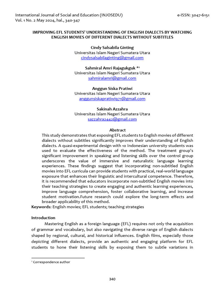 Improving EFL Students' Understanding of English Dialects by Watching English Movies of ...