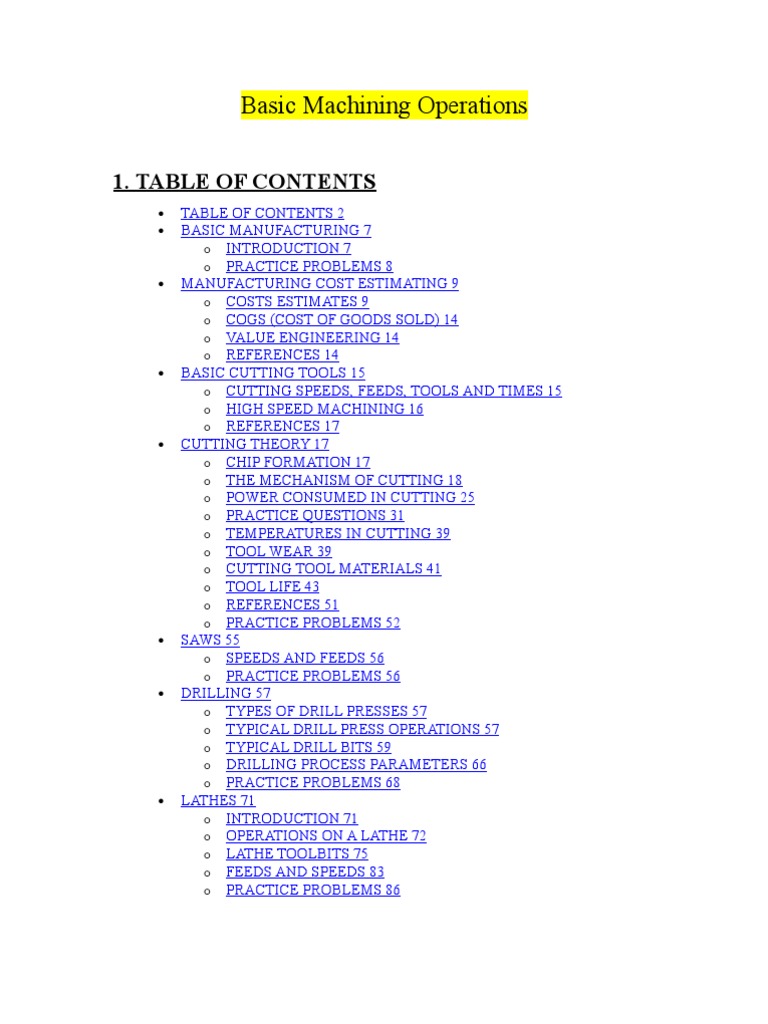 Basic Machining Operations: 1. Table of Contents | PDF | Machining ...
