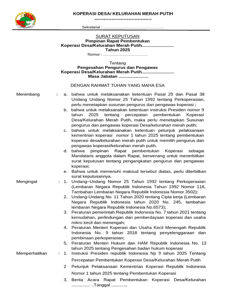 SK Pengurus Dan Pengawas Kopdes Merah Putih | PDF
