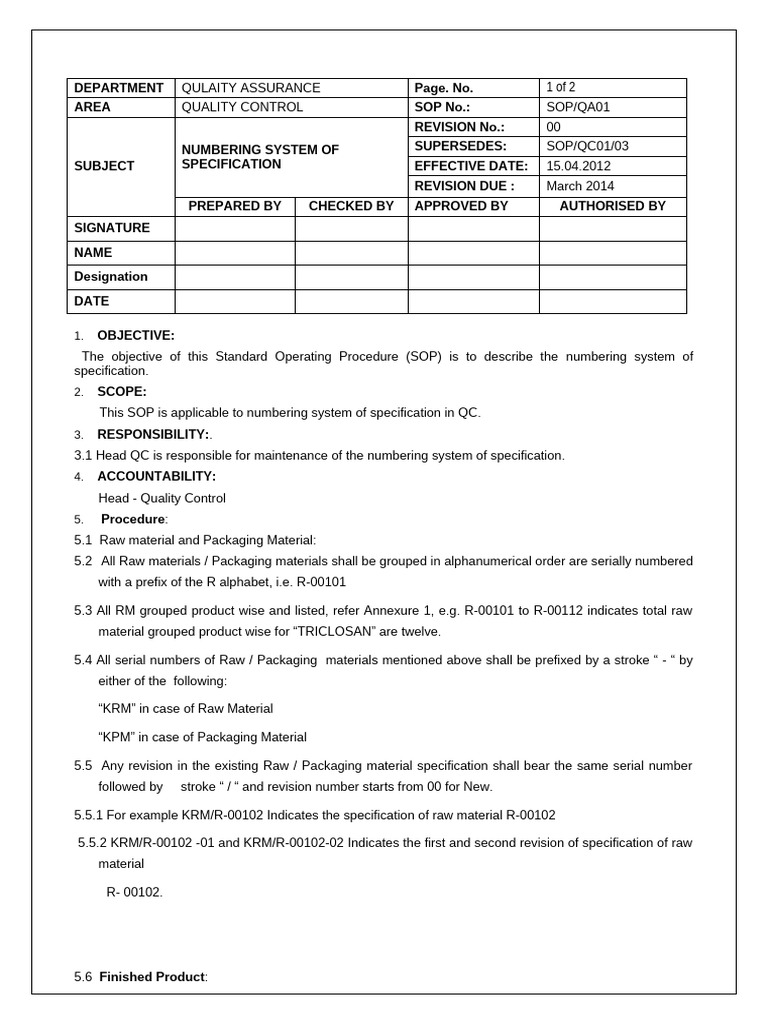 SOP - QA - 31 - Numbering Specification | PDF | Specification ...