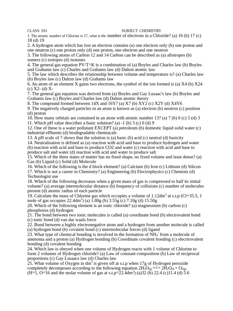 Chemistry SS1 Exam Question - Miss Adeola | PDF | Chemical Bond ...