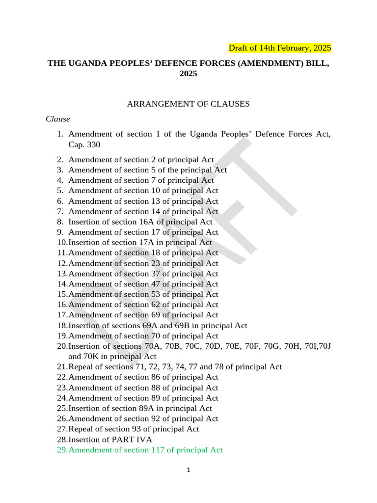 UPDF Amendment Bill 2025 Draft | PDF | Brigade | Military Justice