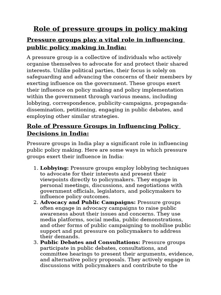 Role of Pressure Groups in Policy Making | PDF | Advocacy Group | Policy