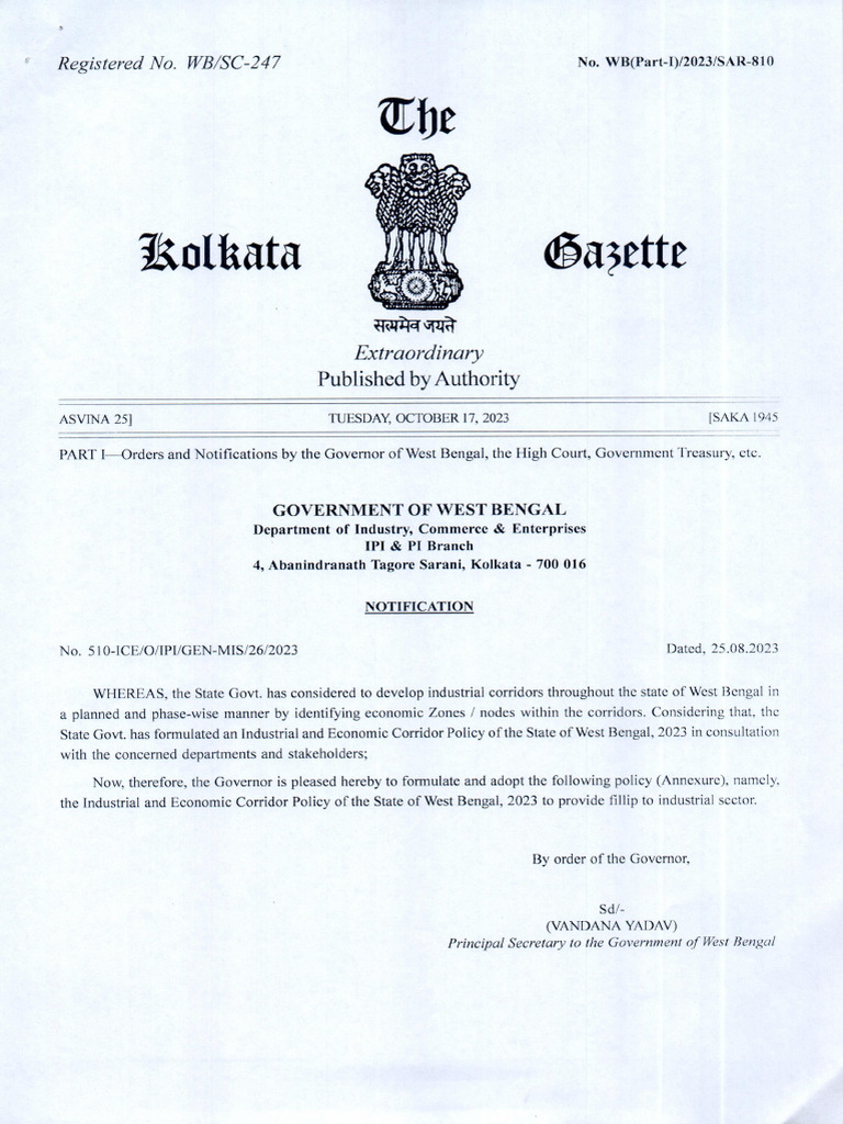 WB Industrial Corridor Policy 2023 Gazatte 0001 | PDF