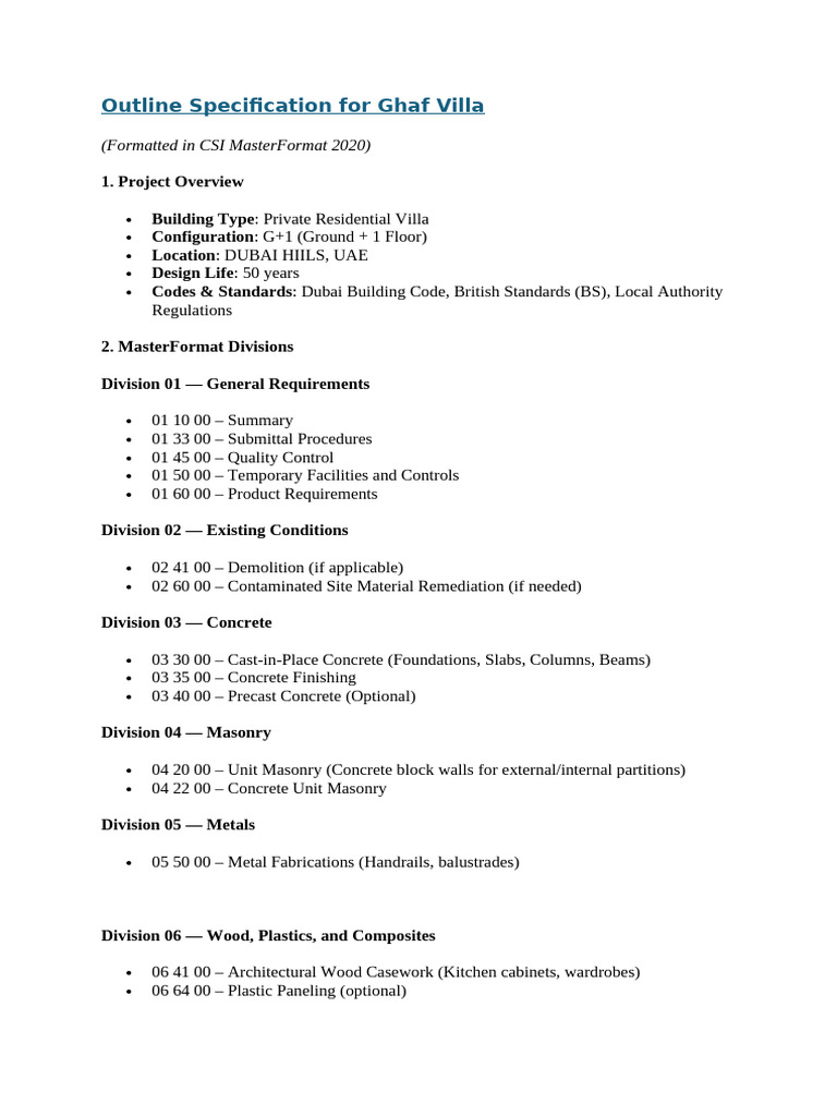 9 Outline Specification For Ghaf Villa | PDF | Wall | Concrete