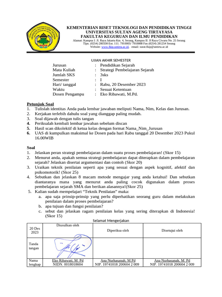 Soal Uas Strategi Pembelajaran Sejarah | PDF