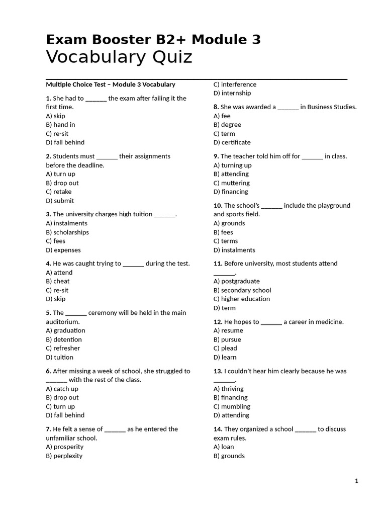 Vocabulary quiz module 3 Exam Booster B2+ Express Publishing | PDF ...